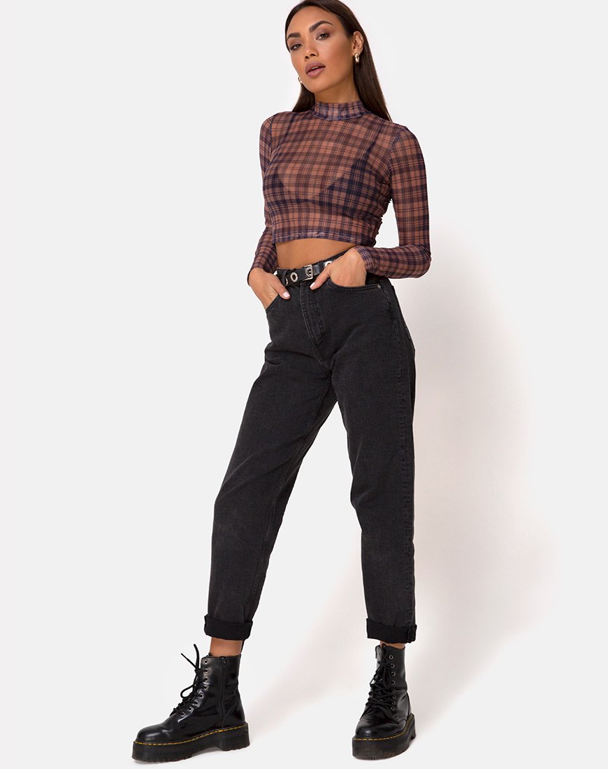 Mesh Check Brown Black Crop | Lara - motelrocks-com-eur