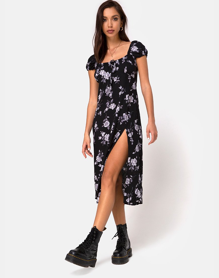 Midi Floral White Black Dress | Milla - motelrocks-com-eur