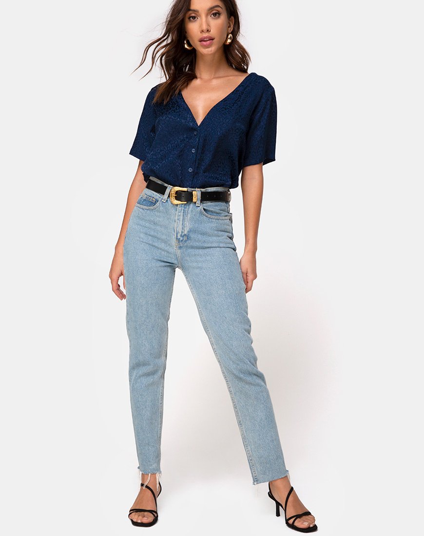 Chemisier à col V imprimé guépard bleu marine | Parki - motelrocks-com-eur