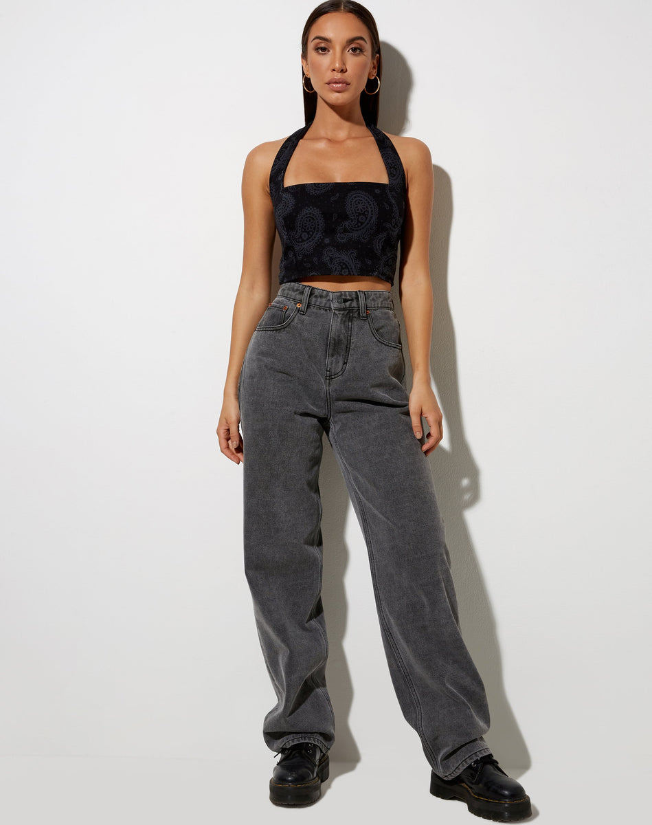 Black Paisley Print Halterneck Crop Top | Sisia - motelrocks-com-eur